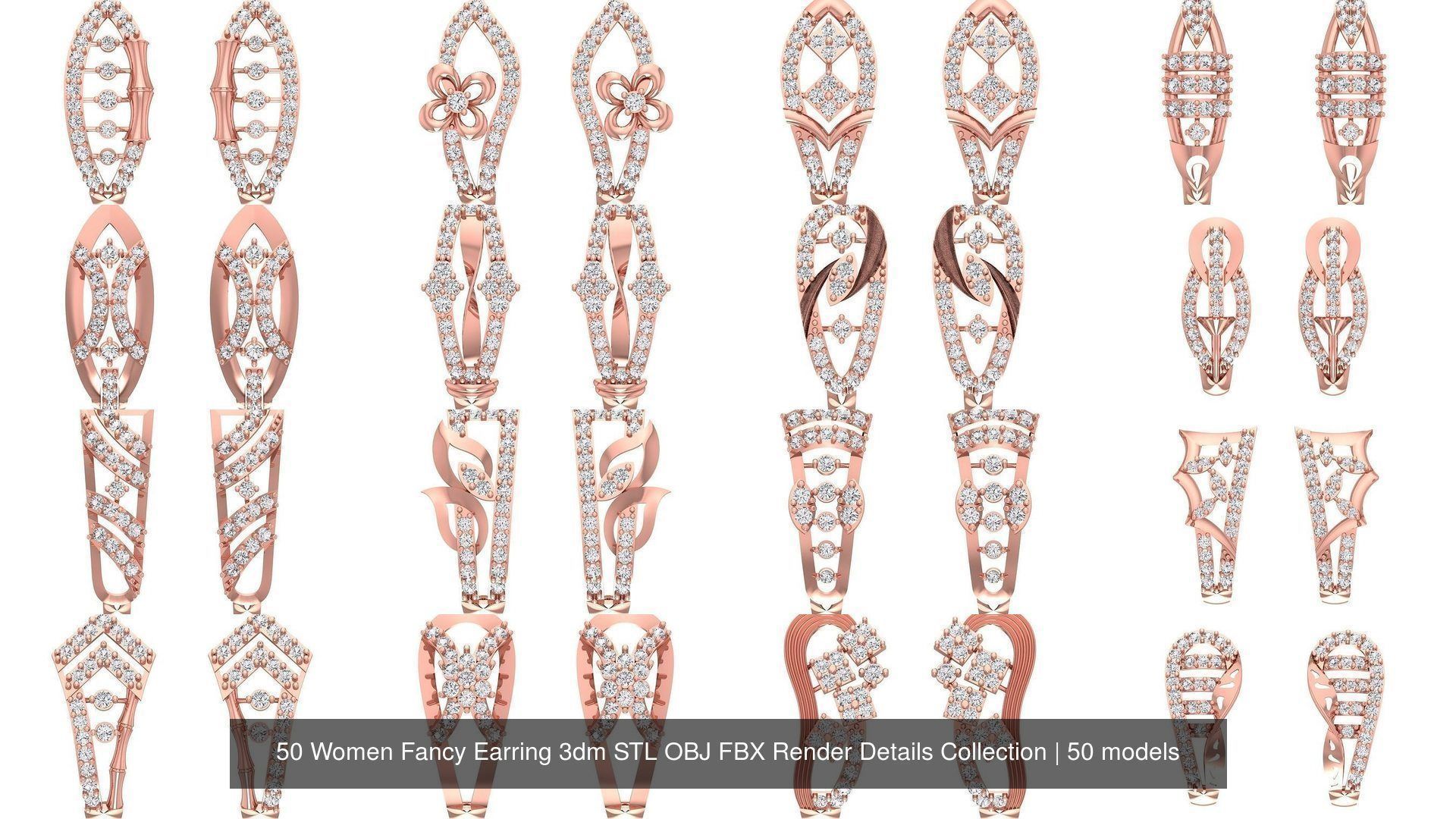 50 Women Fancy Earring 3dm STL OBJ FBX Render Details Collection | CGTrader