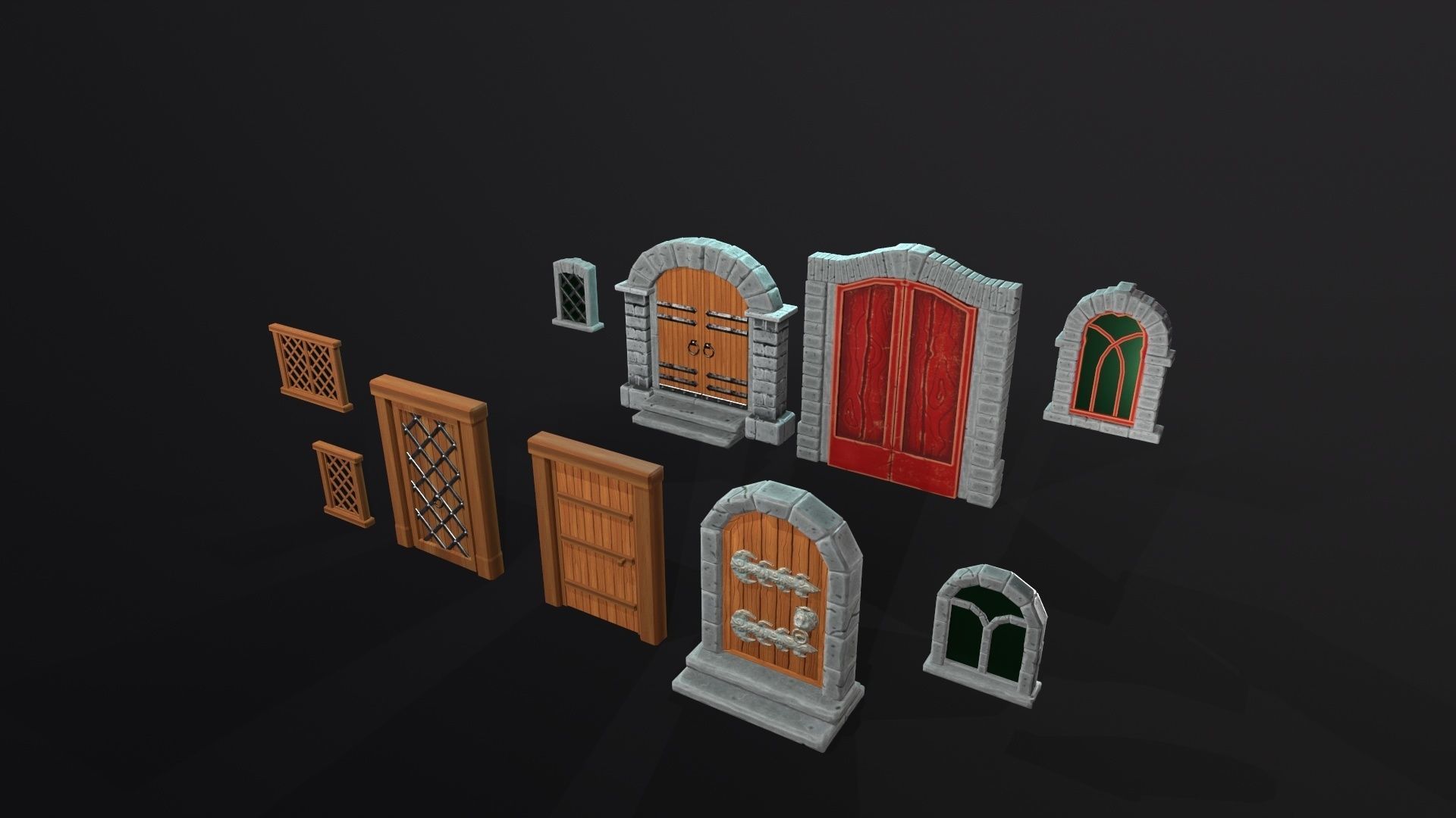 3D model Medieval stylized doors and windows pack low poly PBR game asset VR / AR / low-poly ...