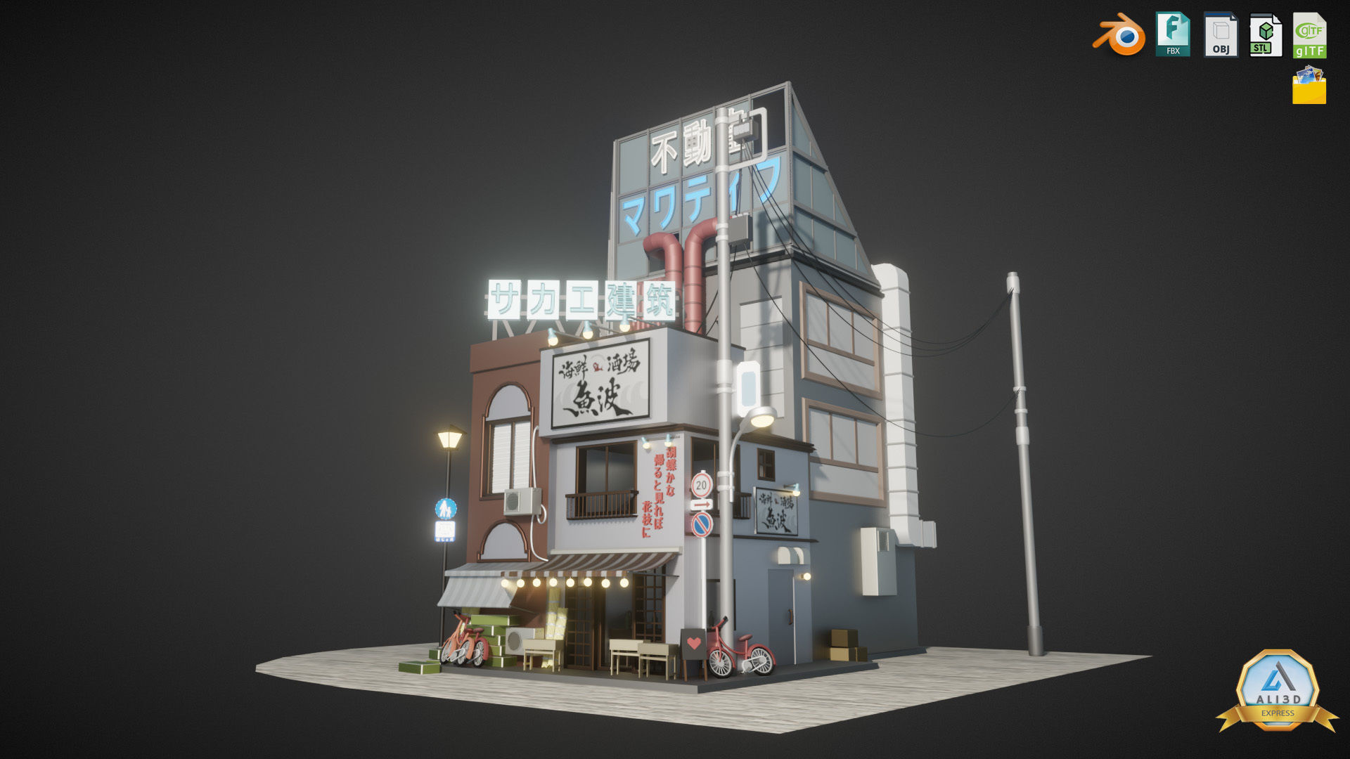 3D model Stylized Japanese Street corner Store and Shops VR / AR / low ...