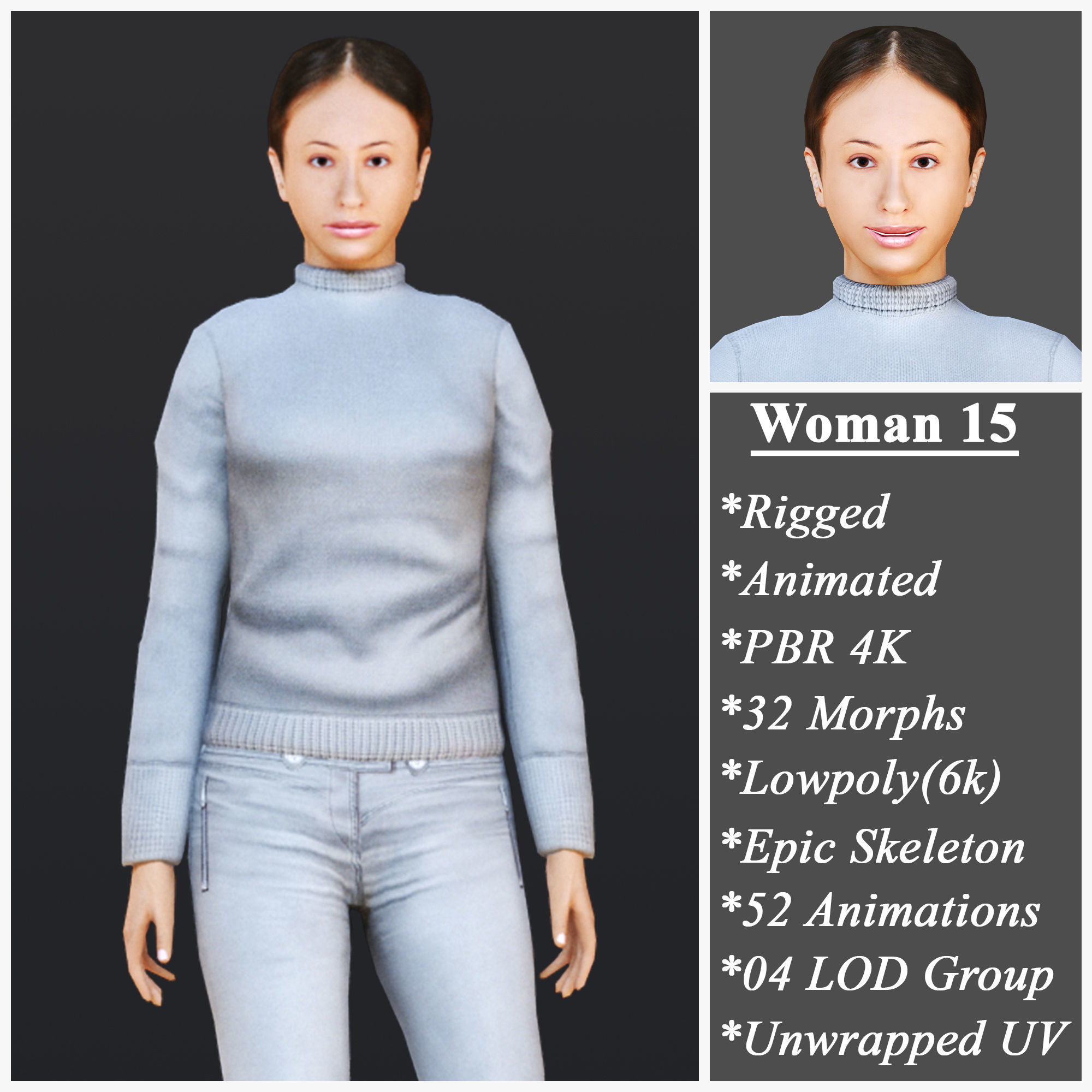3D model Woman 15 With 52 Animations 32 Morphs VR / AR / low-poly ...