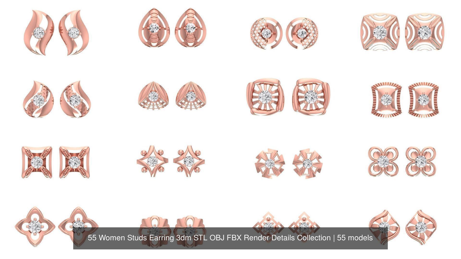 55 Women Studs Earring 3dm STL OBJ FBX Render Details Collection | CGTrader