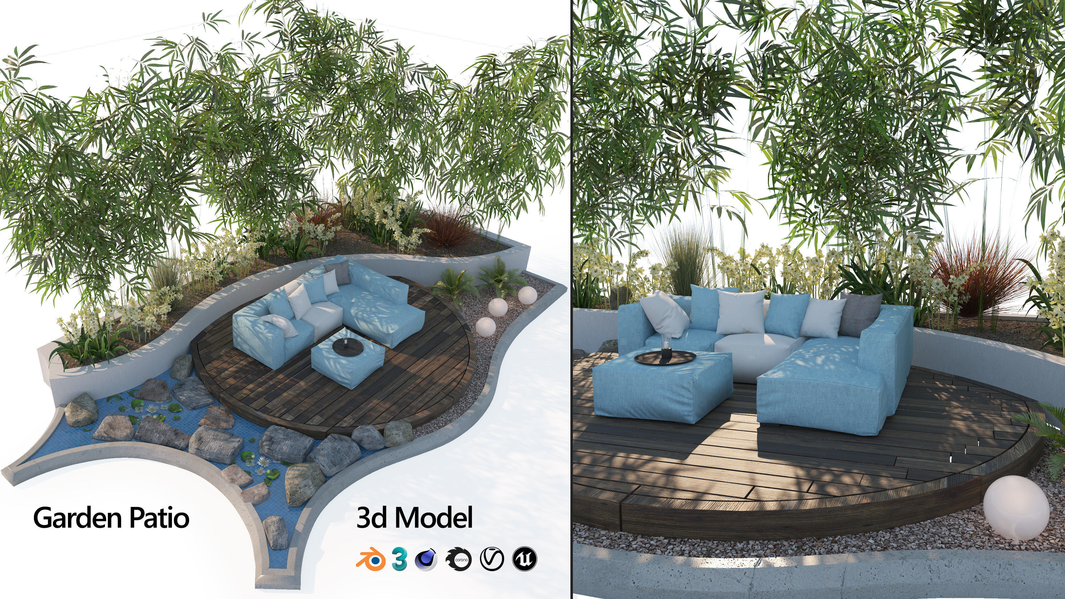 garden patio deck with outdoor furniture 3D model animated | CGTrader