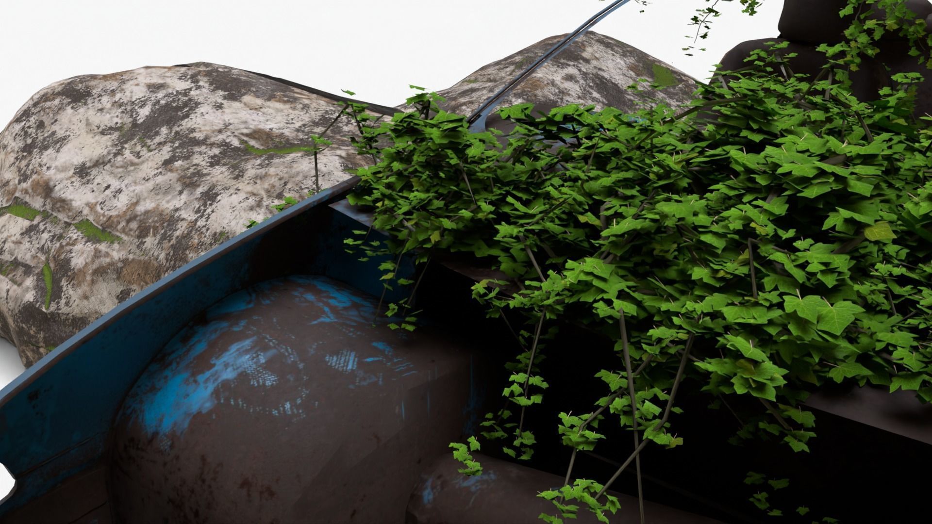 3D model 4K realistic low poly abandoned car recycle bin and rock VR ...