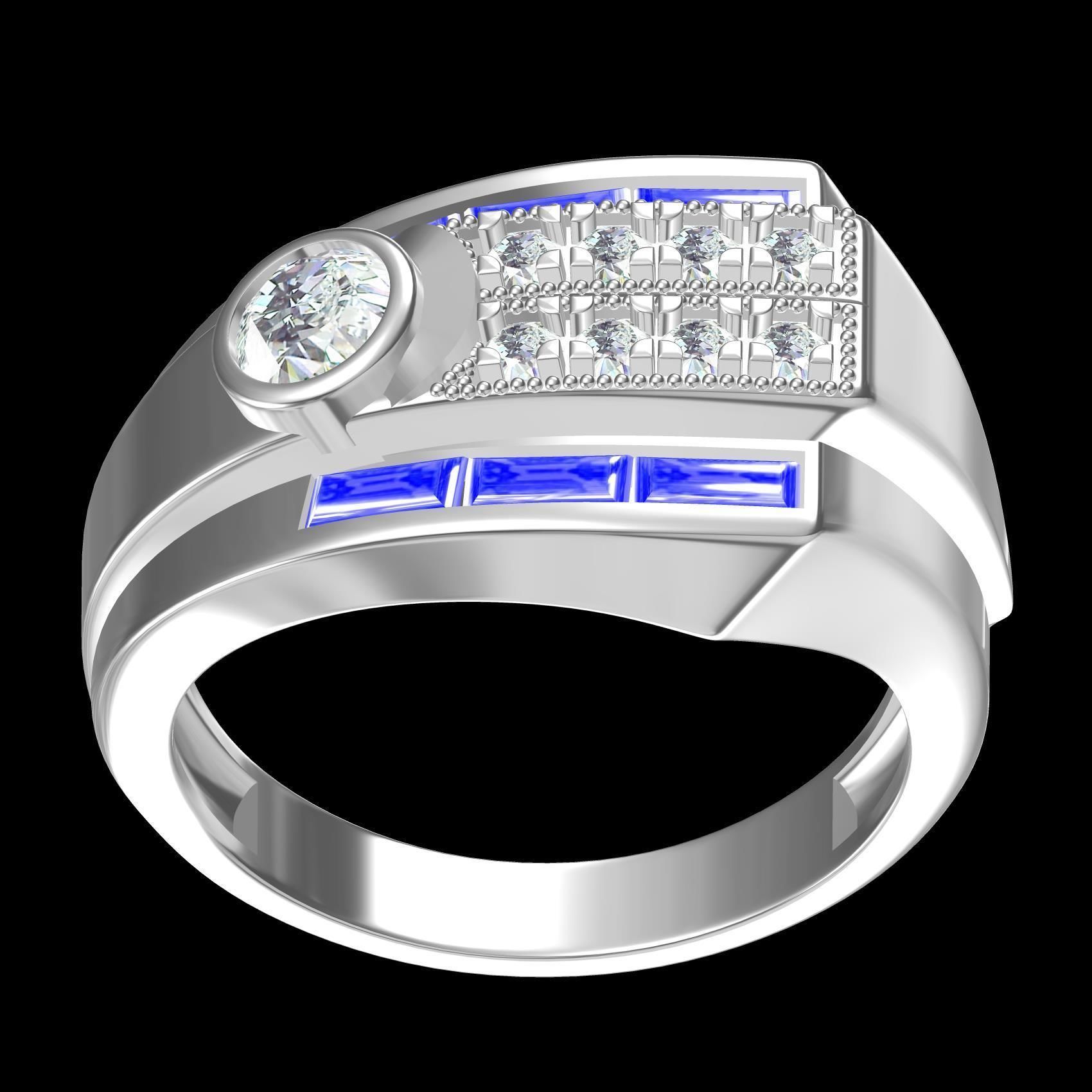 Blue Sapphire Baguette and Round Diamond Art Deco Mens Ring 3D model 3D printable | CGTrader