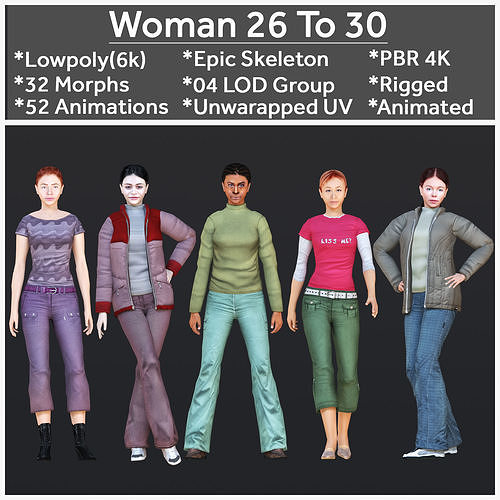 3D Model Collection Woman 26 To 30 With 52 Animations 32 Morphs VR / AR ...