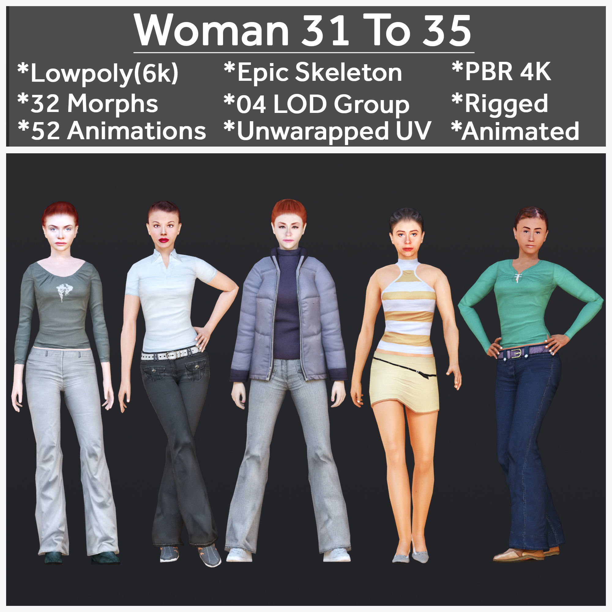 3D Model Collection Woman 31 To 35 With 52 Animations 32 Morphs VR / AR ...