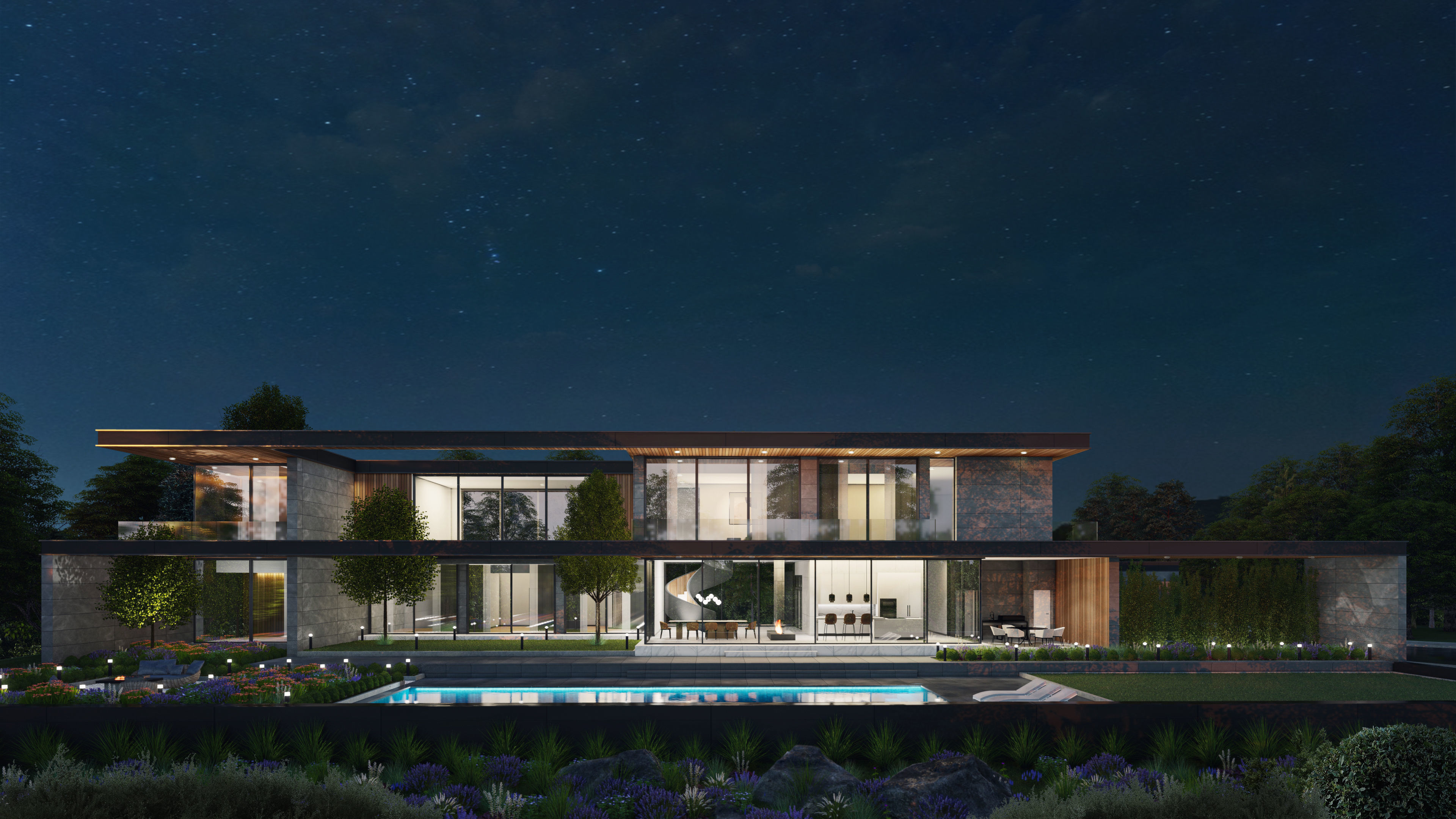 Mordern House Exterior Scene with Furniture and 2D Drawing 3D Model ...