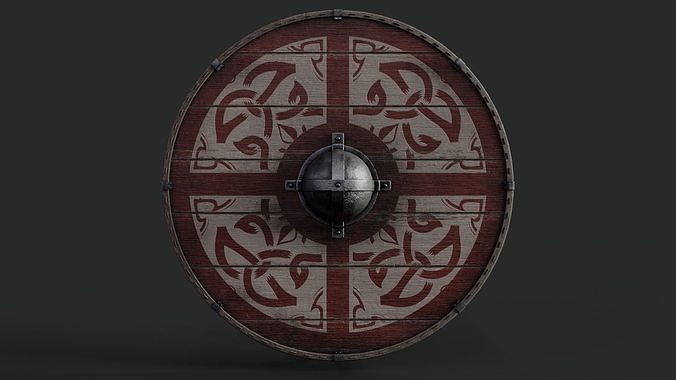 3D model Slavic round wooden shield-painted red and white with symbol ...