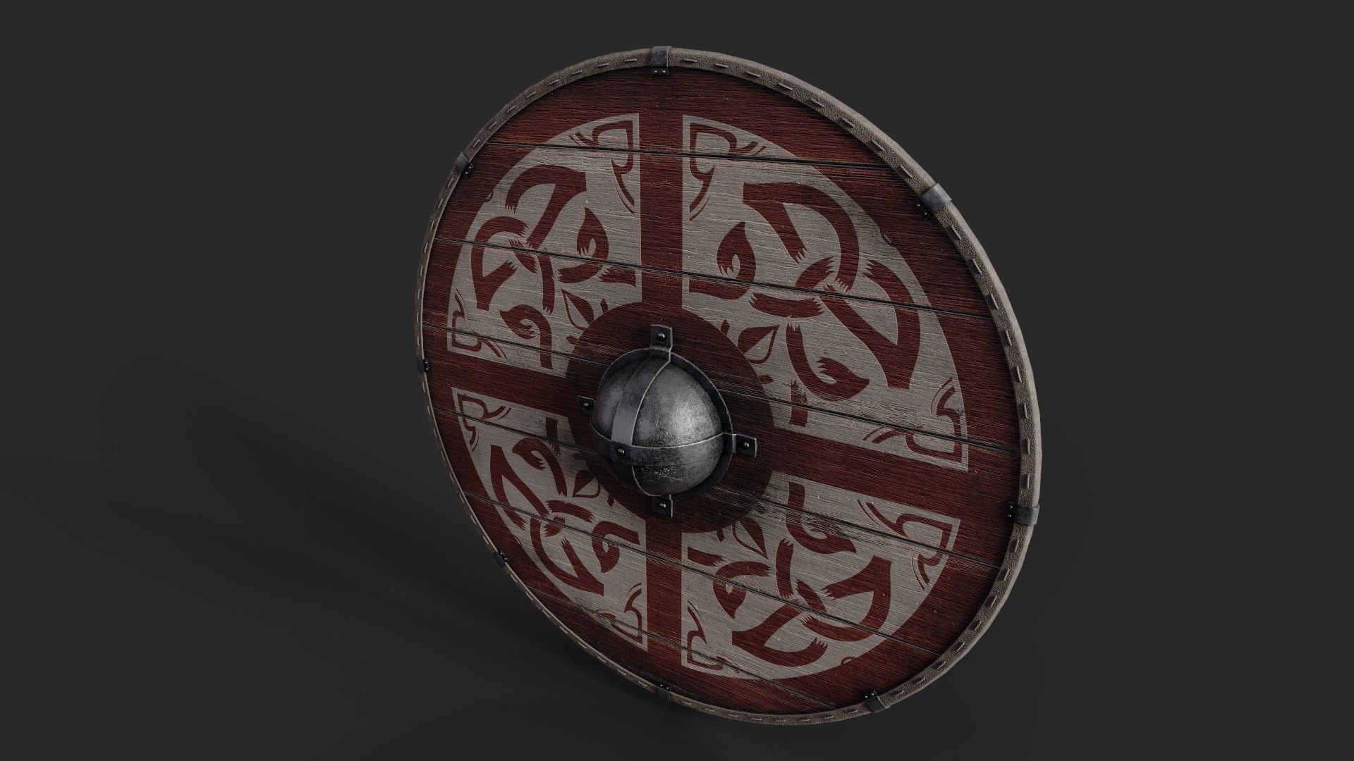3D model Slavic round wooden shield-painted red and white with symbol ...