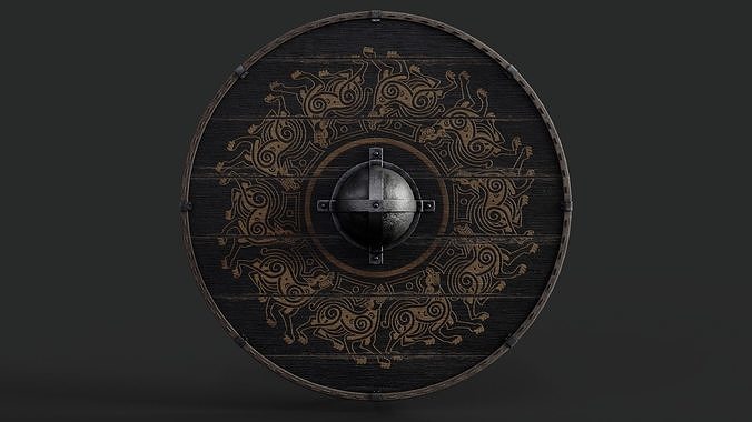 3D model Slavic round wooden shield-painted black with fenrir symbol VR ...