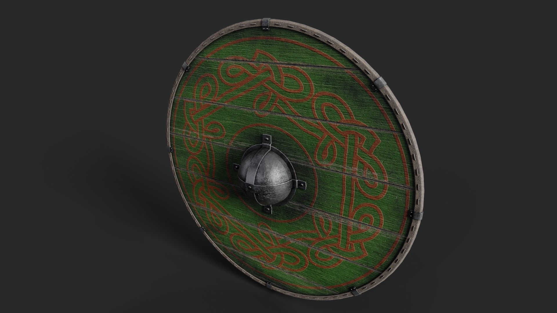 3D model Slavic round wooden shield-painted green with red nordic ...