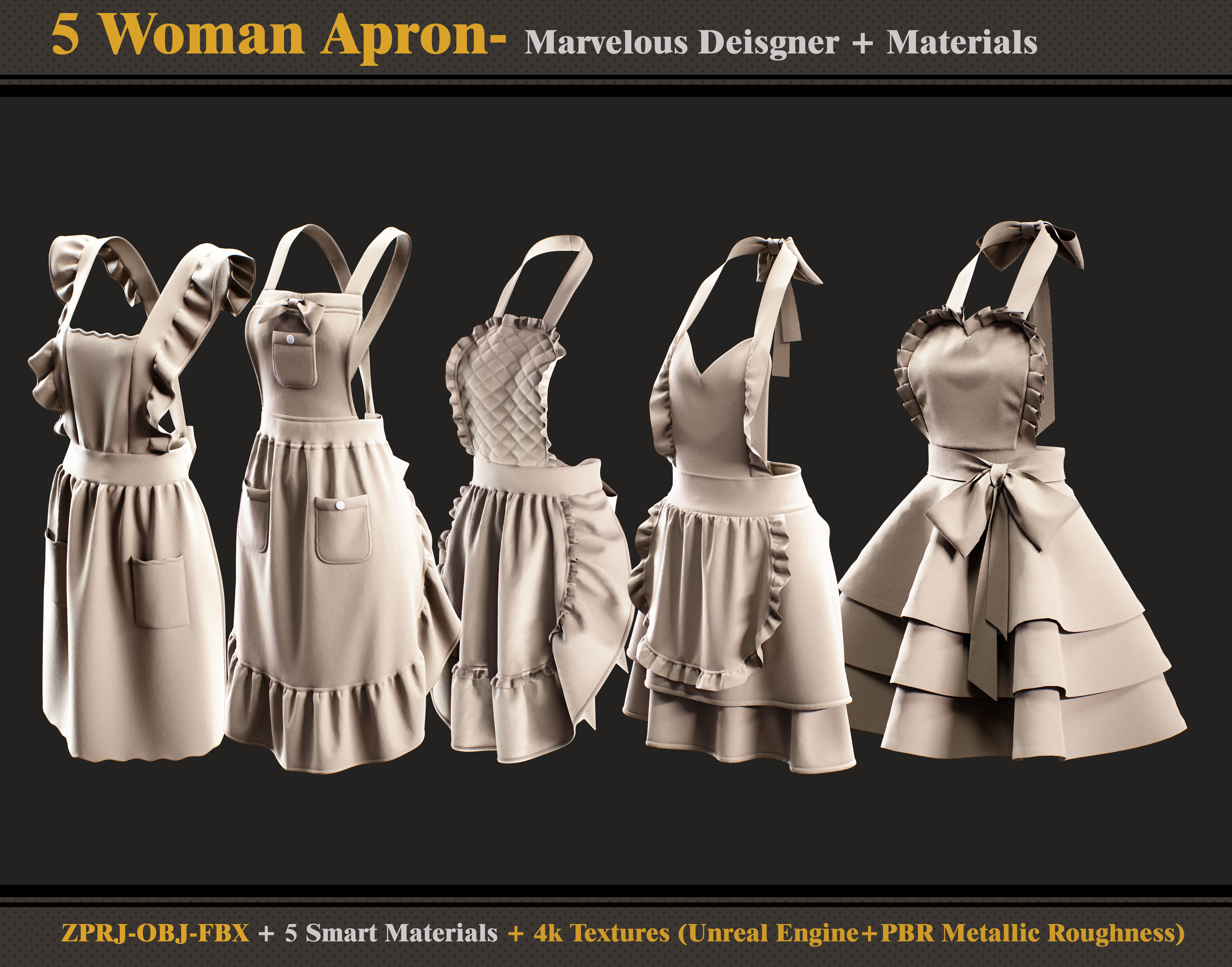 5 Woman Aprons -Marvelous Designer-OBJ-FBX-Materials- Textures 3D model ...