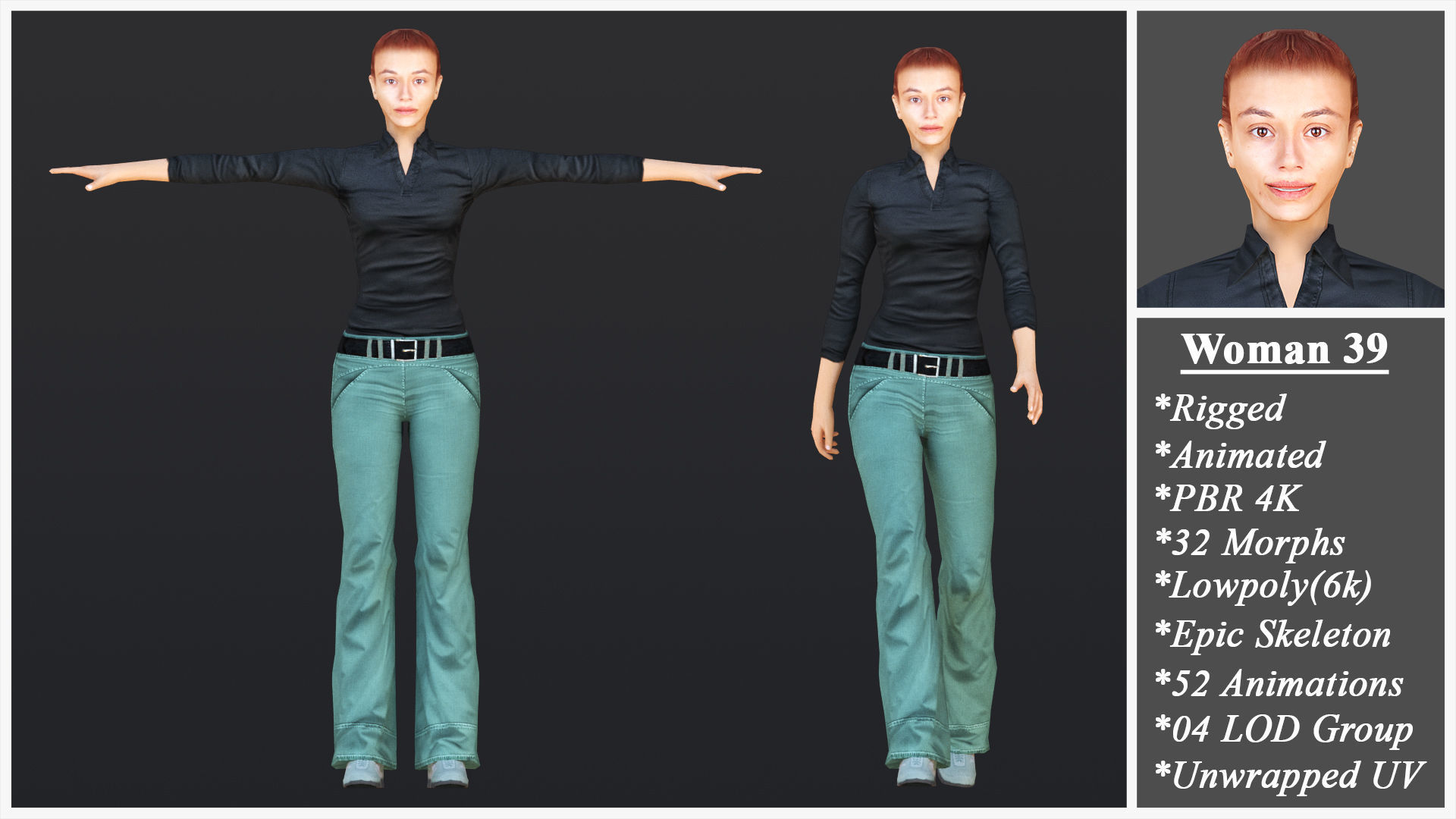 3D model Woman 39 With 52 Animations 32 Morphs VR / AR / low-poly ...
