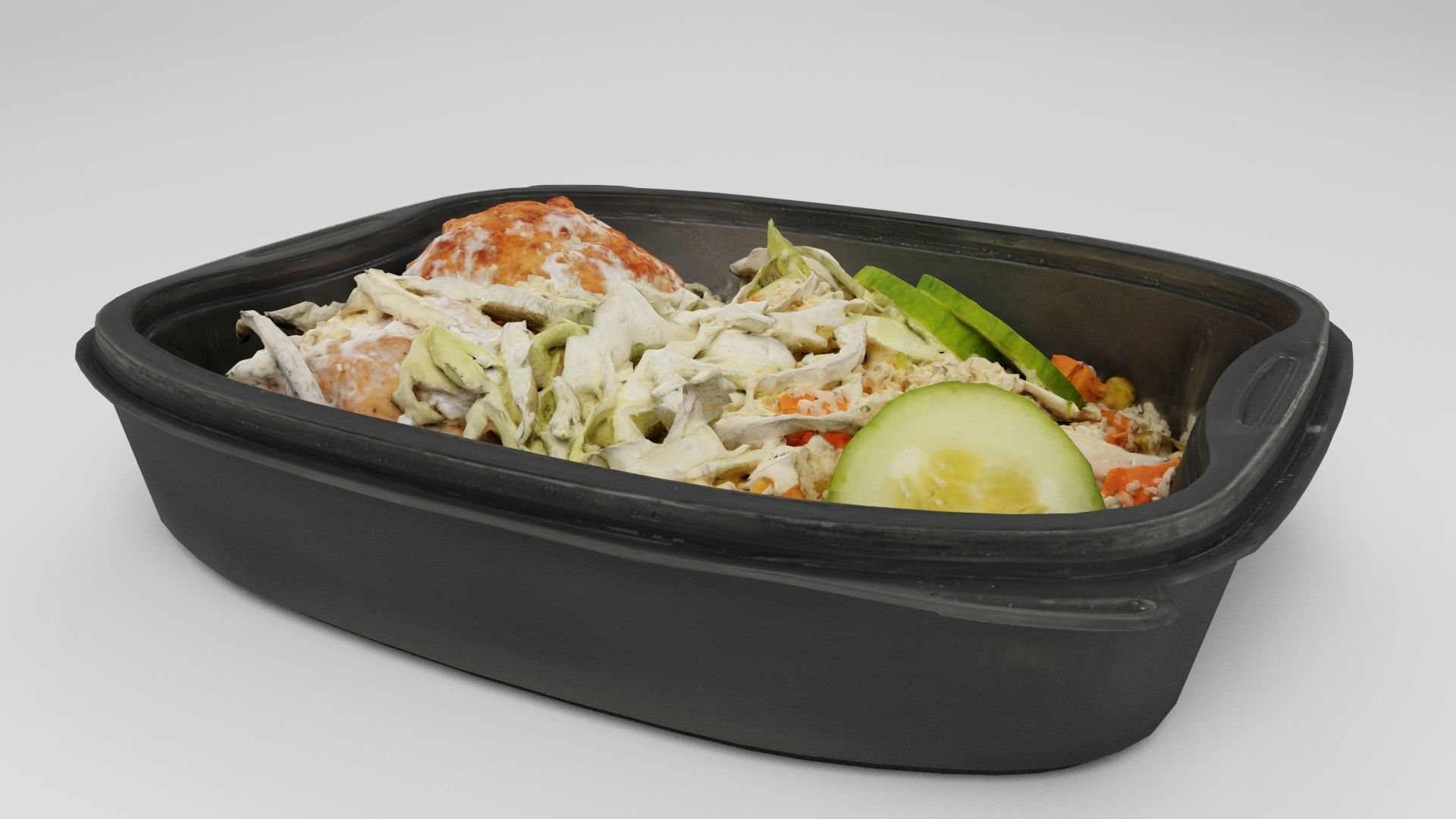 Poke bowl lunch box with pilaf cucumber meat ball and salad 3D model ...