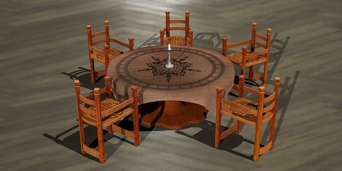 3D model Round Viking Table with Table Cloth Candle and Chairs VR / AR ...
