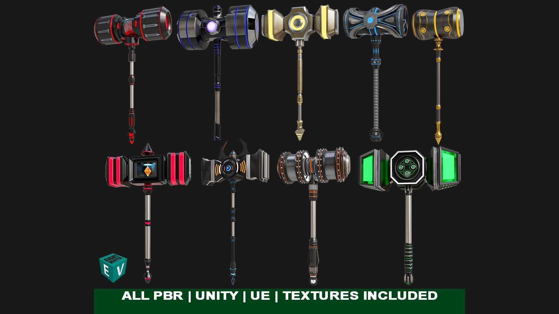9 Sci-Fi Battle Hammers Collection All PBR Unity UE Textures VR / AR ...