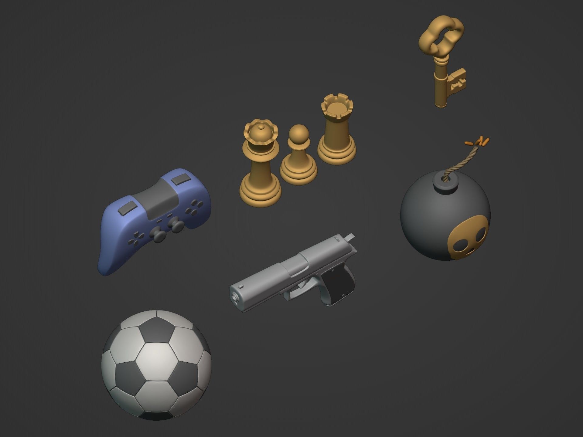 3D model Cartoon Icons Pack - Controller - Bomb - Gun - Soccer Ball ...