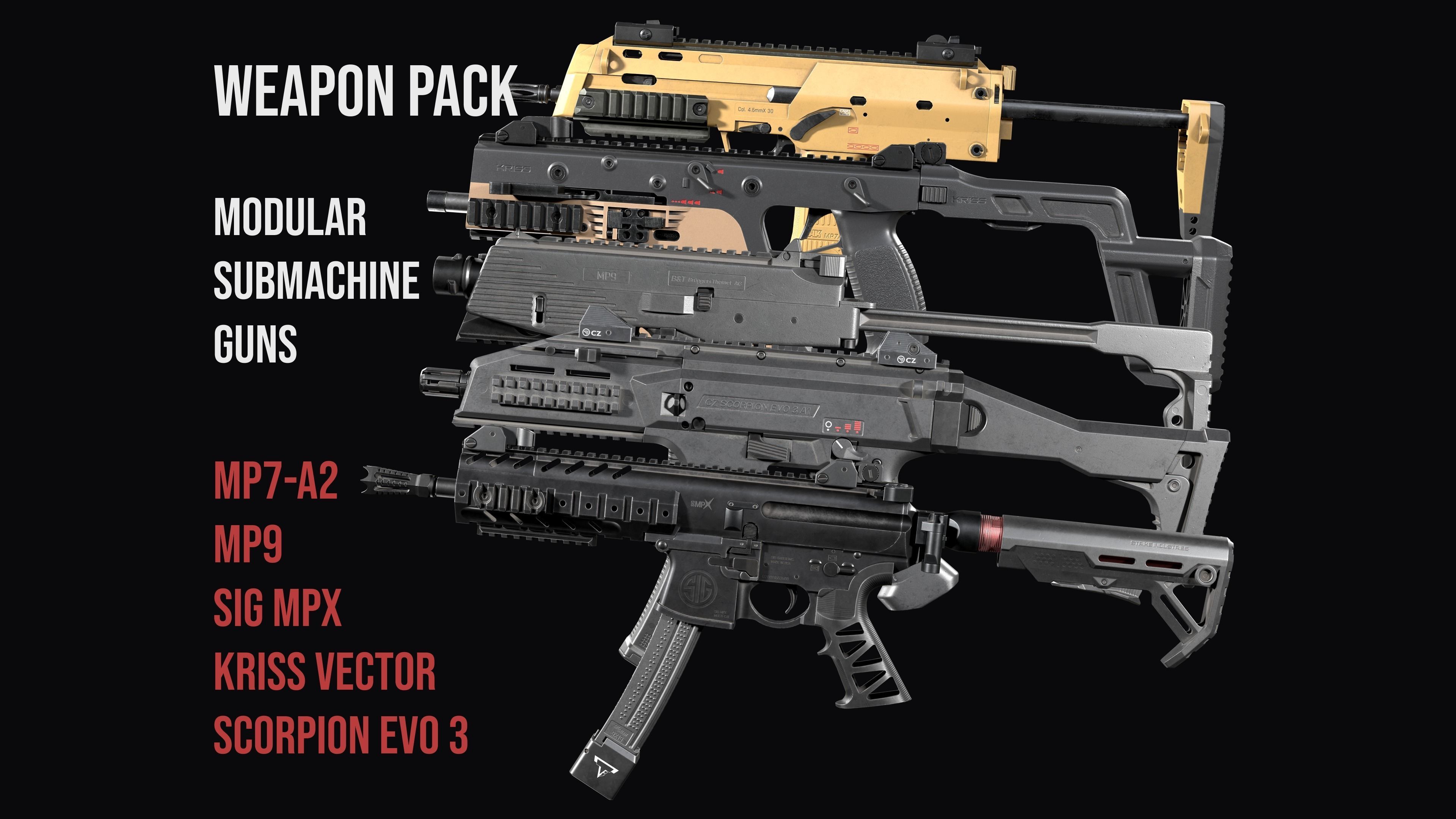 Modular Modern SMG gun Weapon Pack 3D Model Collection VR / AR / low ...