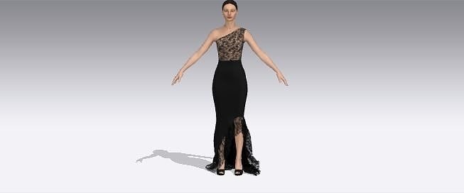 3D model Dress one shoulder lace detail fabric asymetric VR / AR / low ...