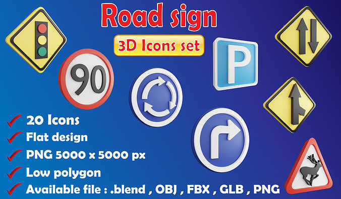 3D model Road sign or Traffic sign 3D icon flat design collection no 1 ...