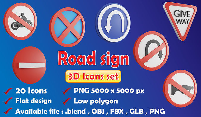 3D model Road sign or Traffic sign 3D icon flat design collection no 2 ...