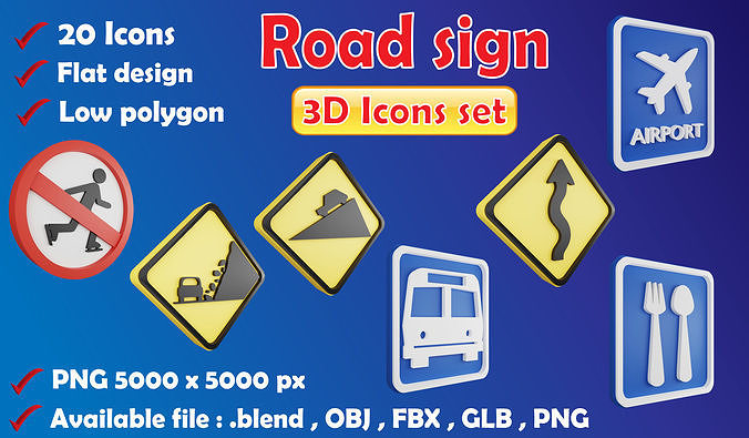 3D model Road sign or Traffic sign 3D icon flat design collection no 4 ...