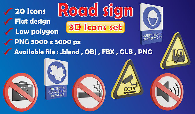 3D model Road sign or Traffic sign 3D icon flat design collection no 5 ...