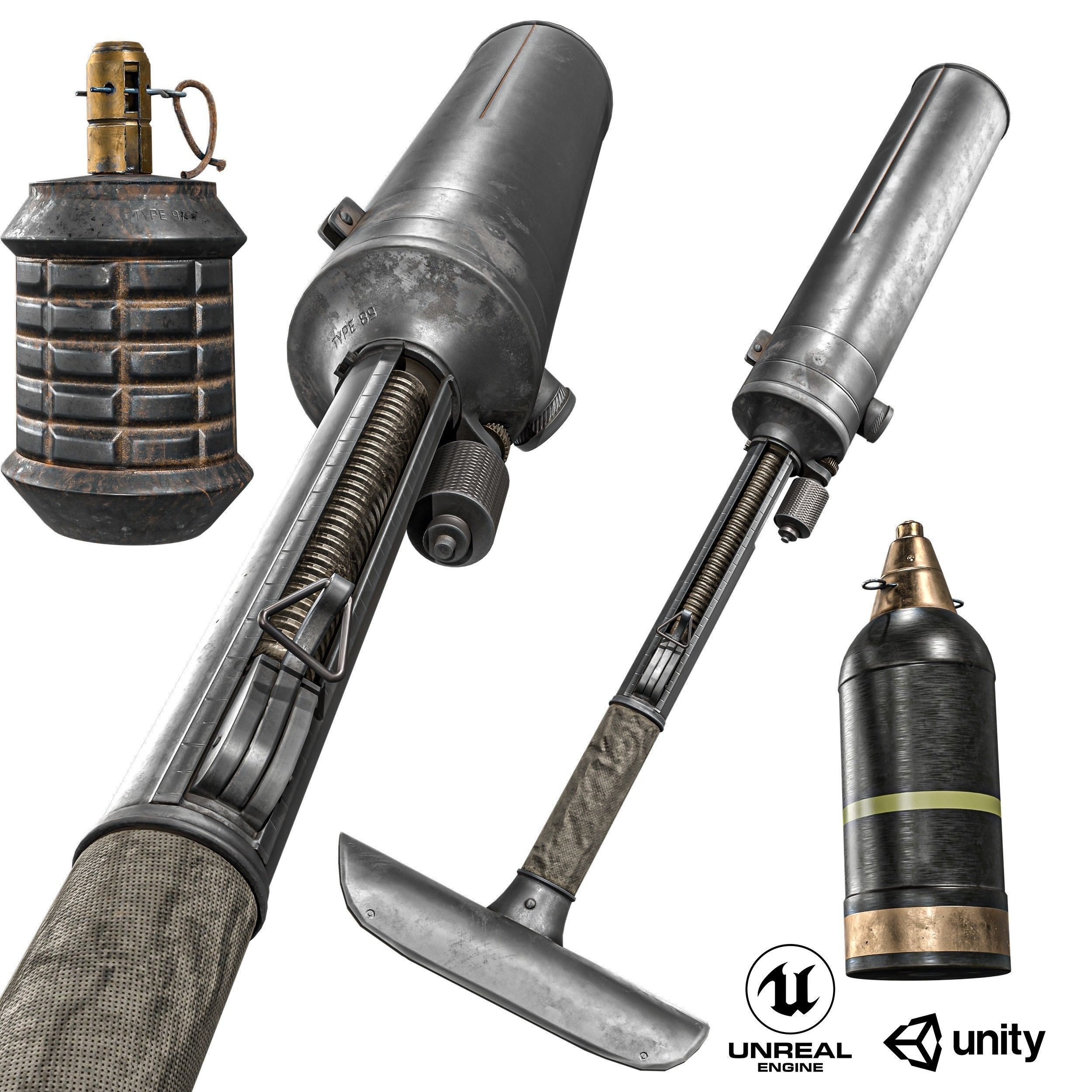 Type 97 Hand Grenade And Type 89 Grenade Launcher 3D model | CGTrader