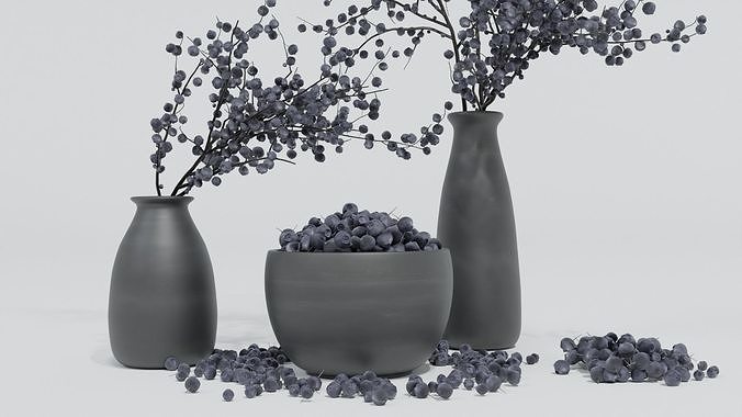 3D model Blueberry Fruits with bowl and Branch photorealistic VR / AR ...