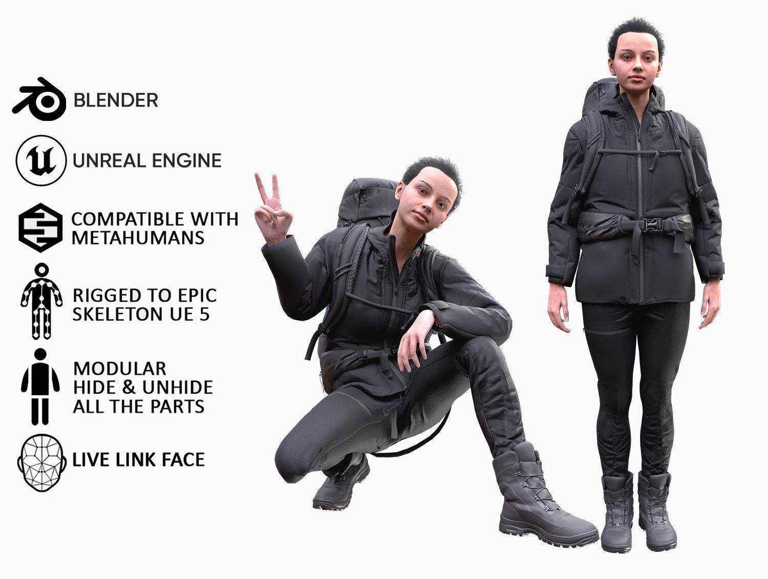 3D model Woman Backpacker - Modular - Rigged VR / AR / low-poly rigged ...