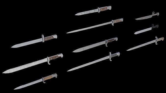 3D model Set of 10 low-poly old german bayonets VR / AR / low-poly ...