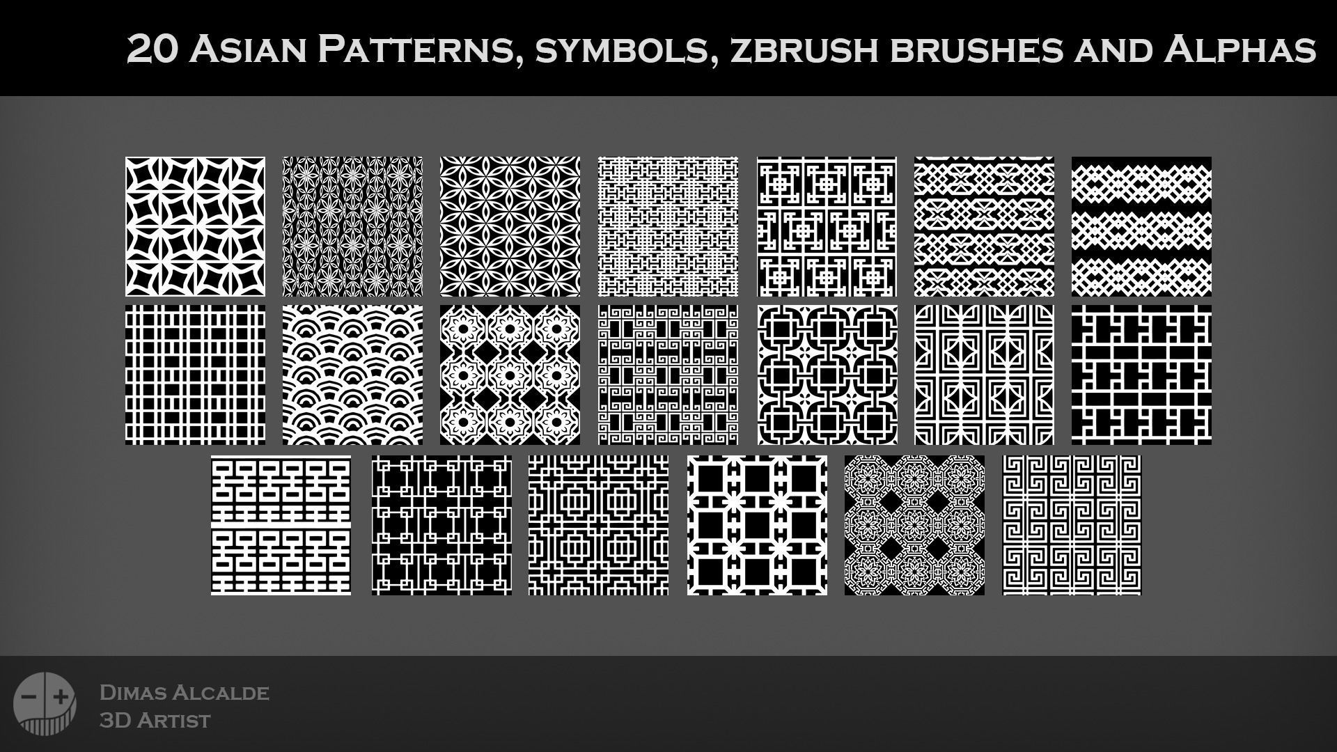 3D model 20 Asian Patterns symbols ZBRUSH IMM and Alphas Blender VR ...