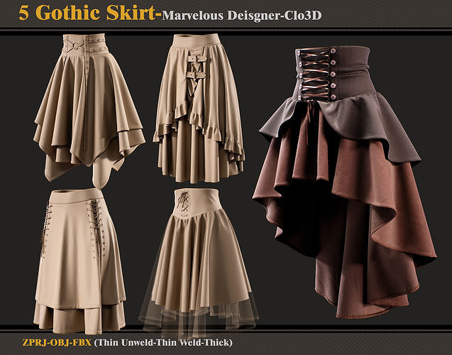 5 Gothic Skirts-Marvelous Designer-Clo3D-ZPRJ- FBX - OBJ 3D model ...