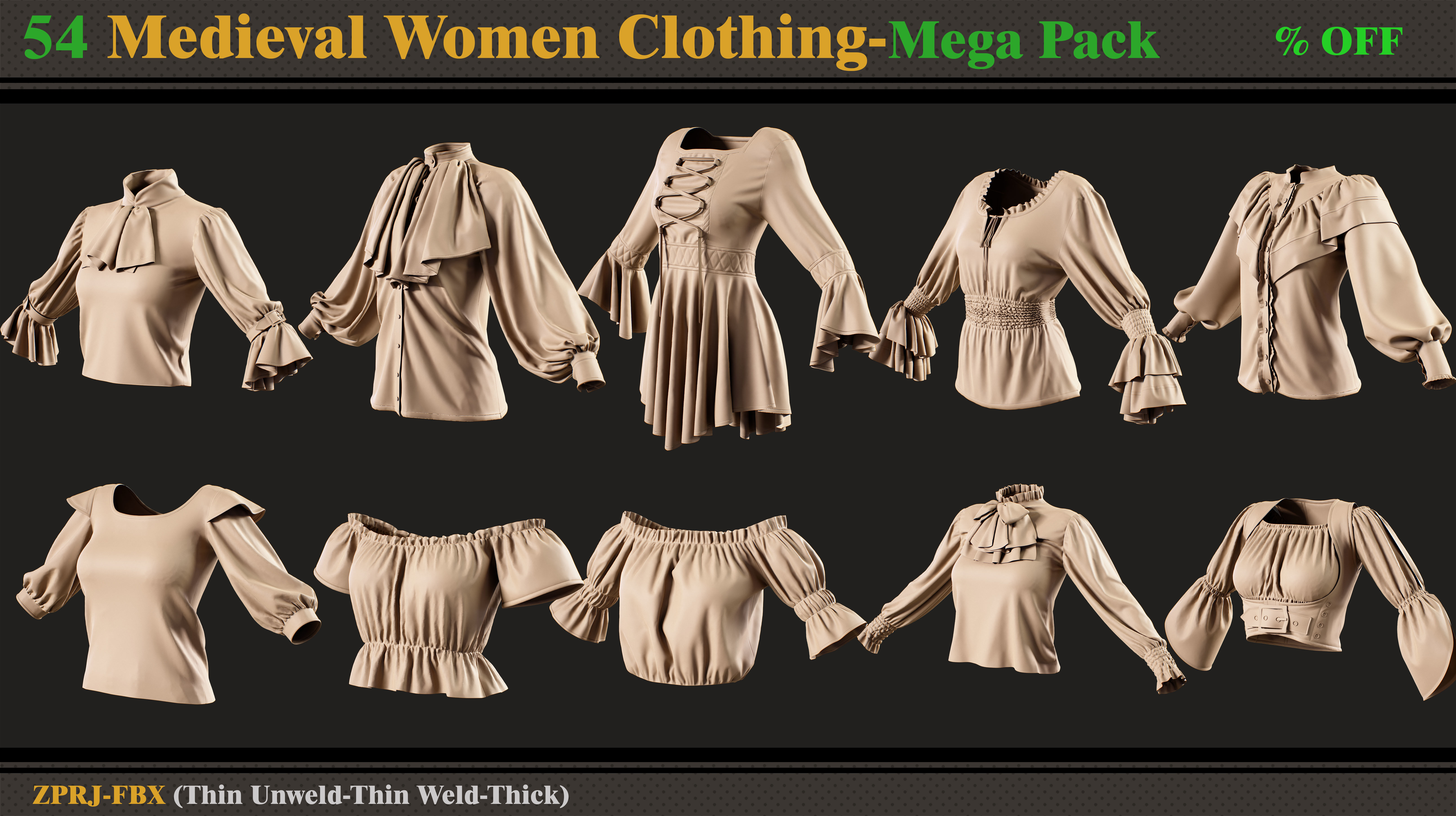 54 Medieval Women Clothing-MEGA PACK-zprj-fbx 3D model | CGTrader