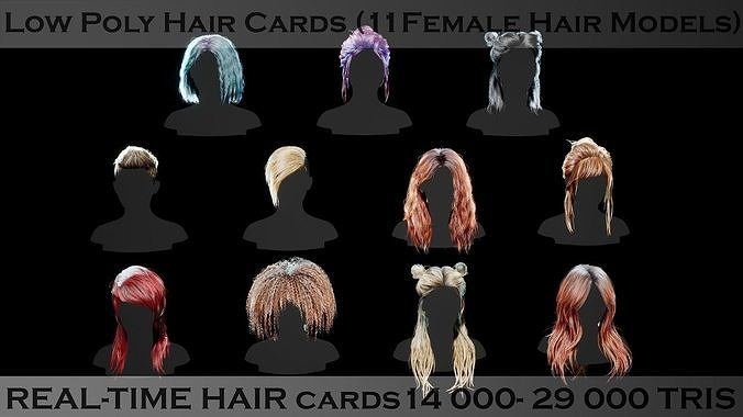3D model Realistic Hairstyle Pack 11 pieces RealTime Low Poly Cards VR ...