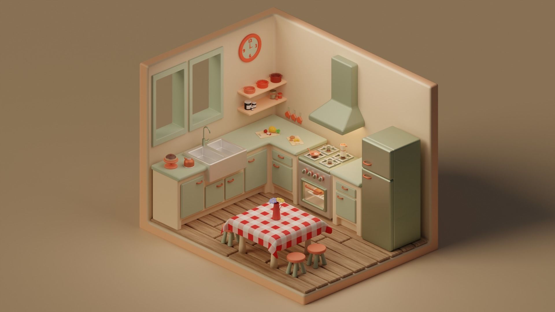 3D model Isometric 3d Stylized Cartoon Kitchen VR / AR / low-poly ...