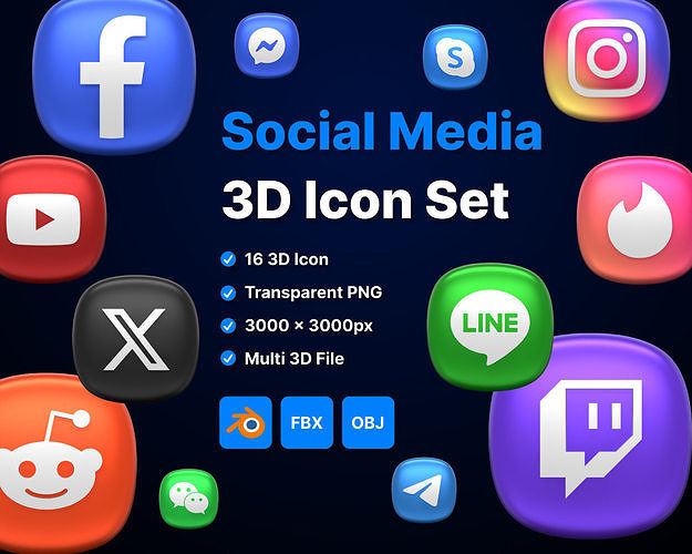 Social Media 3D icon Set UX UI Web Design Elements 3d rendering 3D ...