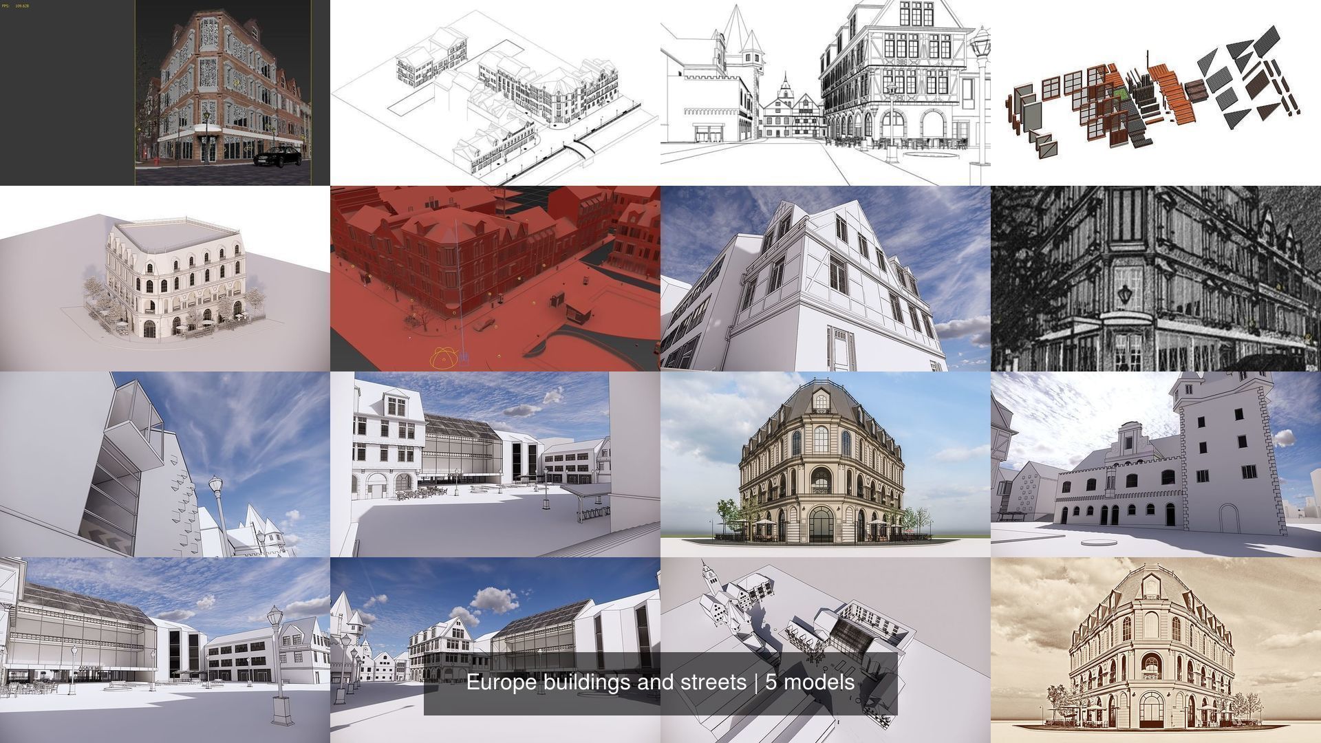 3D Model Collection Europe buildings and streets VR / AR / low-poly ...