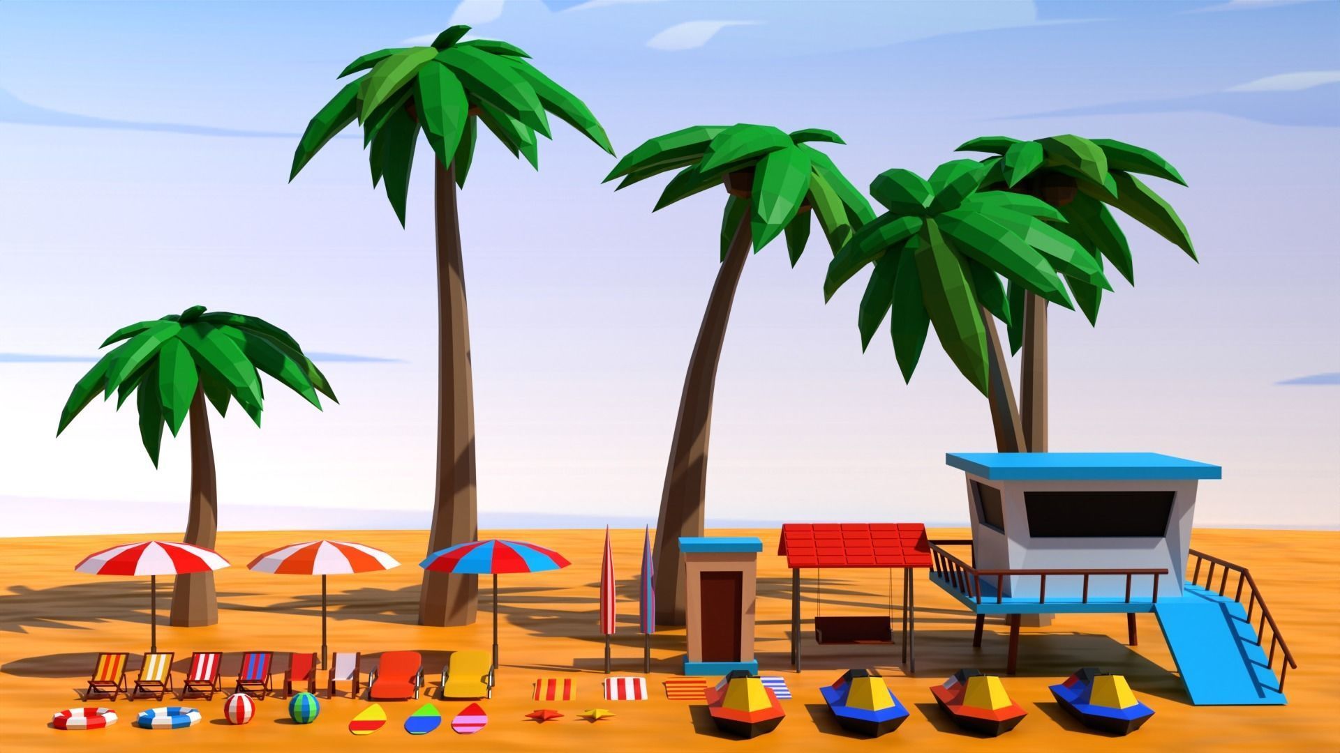 3D model BEACH PACK VR / AR / low-poly | CGTrader