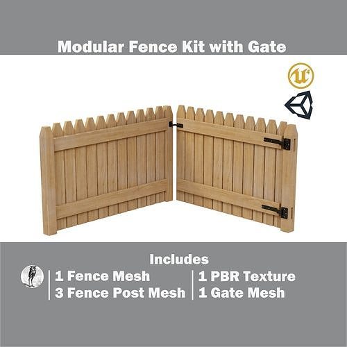 3D model Modular Fence Kit Pack - Solid Angled Picket Fence with Gate ...