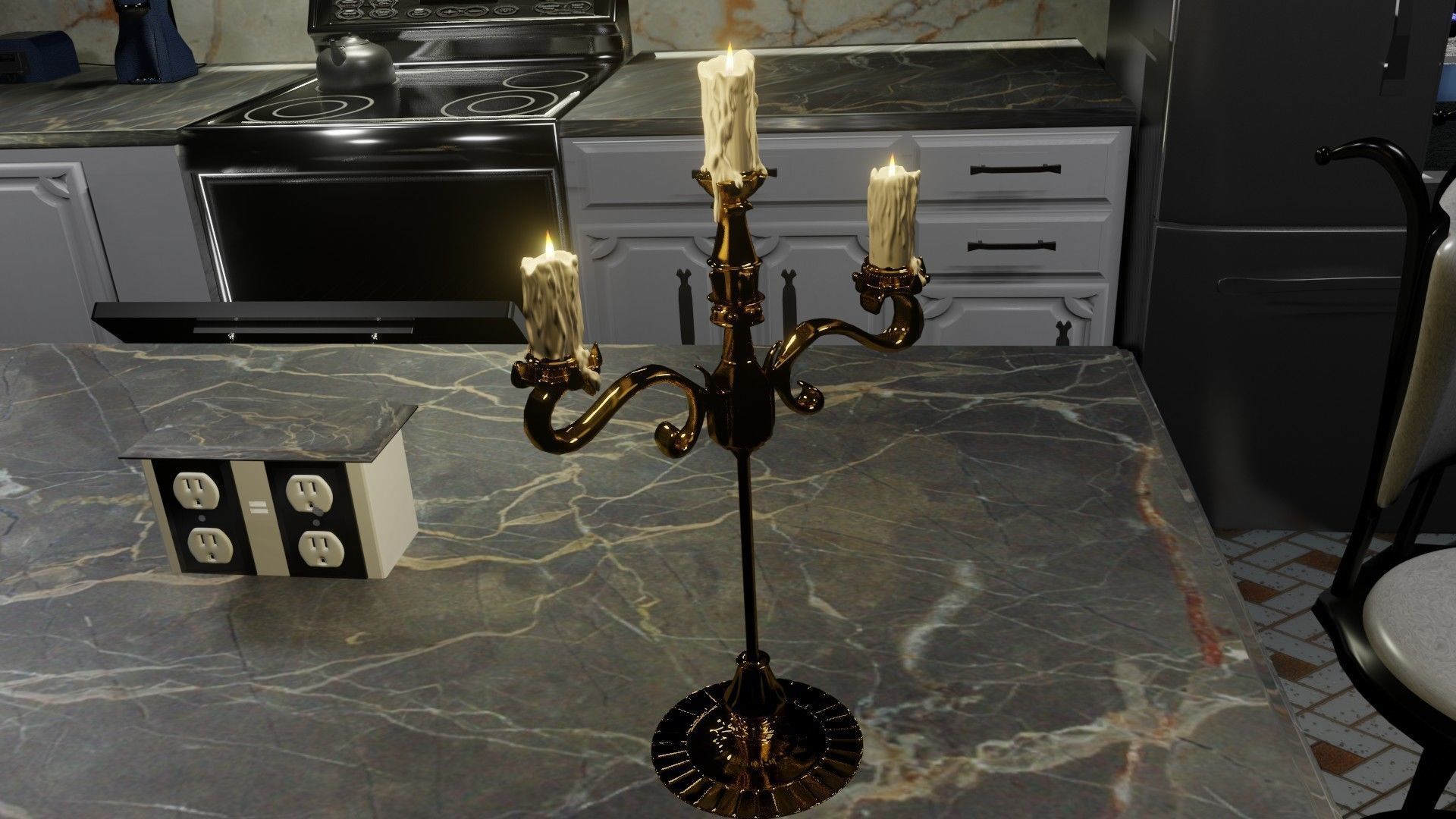 Three prong candelabra animated flame and light 3D model animated ...