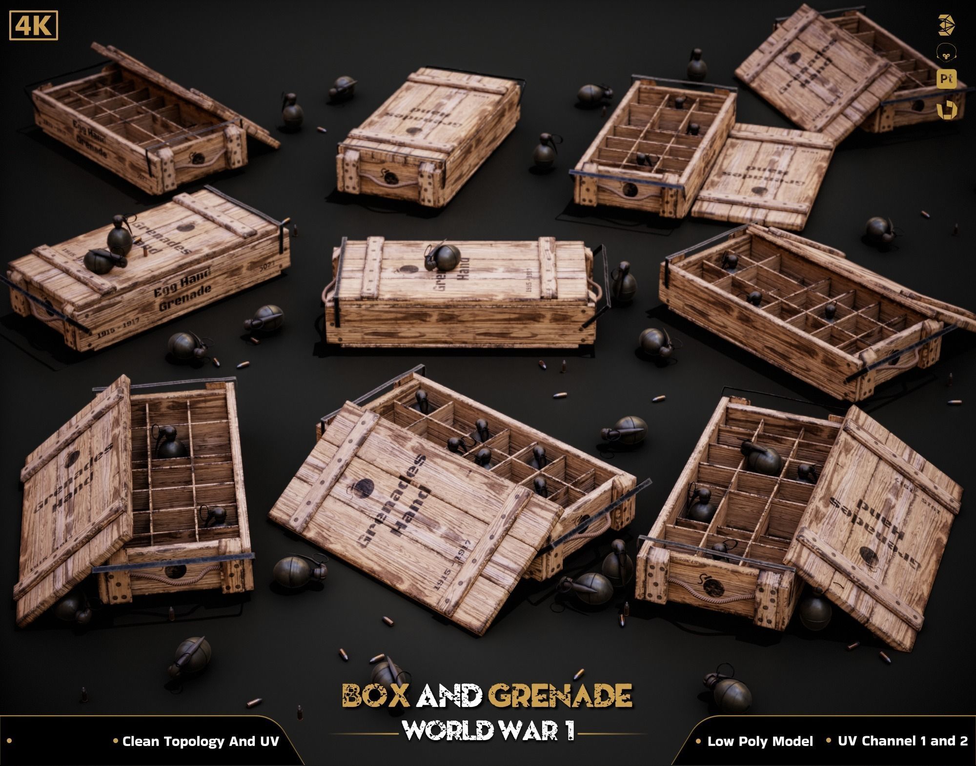 3D model Military Box and Grenade ww1 Game Ready VR / AR / low-poly ...