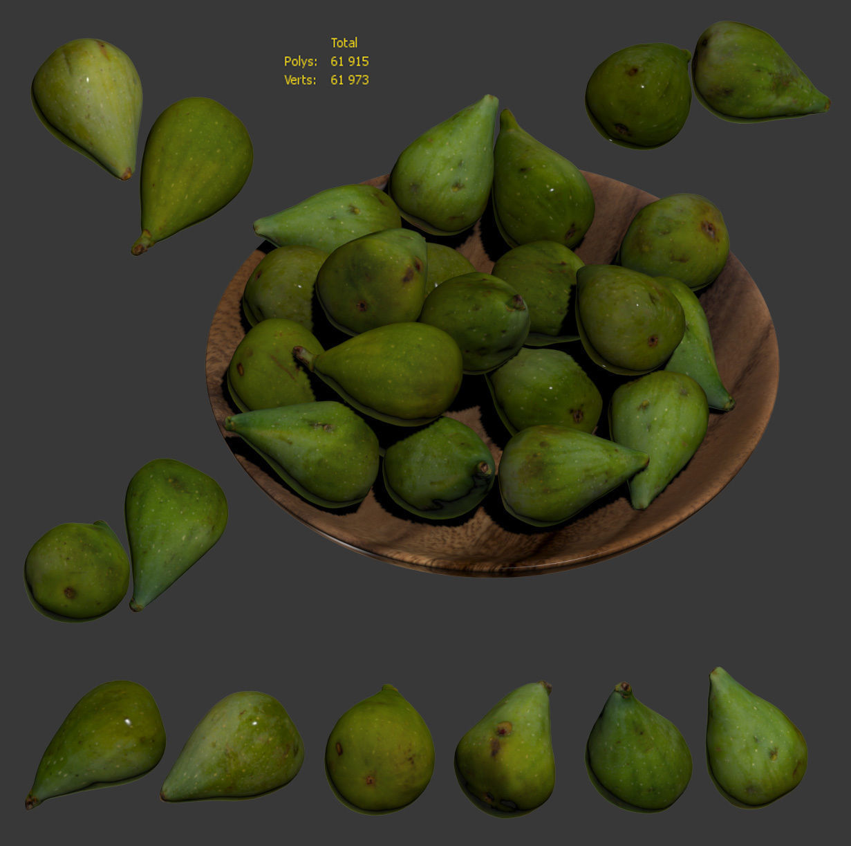 Green figs in a wooden bowl 3D model | CGTrader