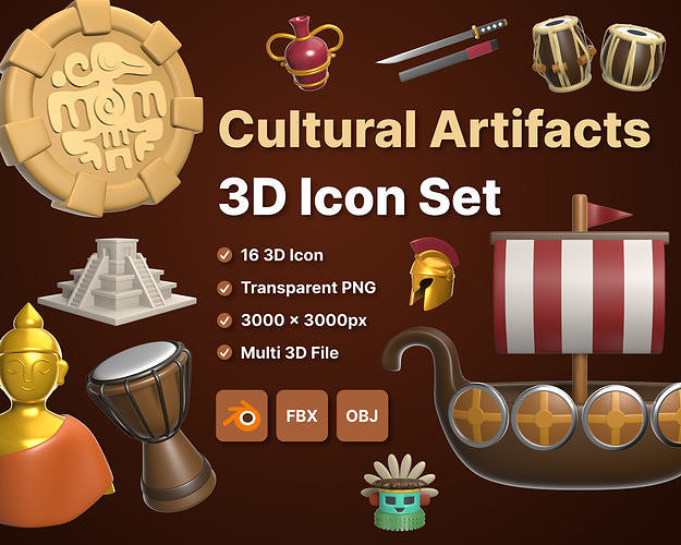 Cultural Artifacts 3D Icon Pack set for banner and UXUI design 3D model ...