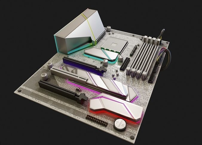 3D model motherboard rgb pc gaming gamer white style colorful rainbow ...