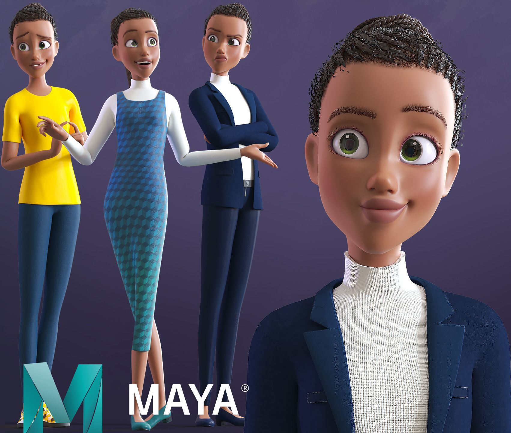 3d Model Cartoon Afro Mother Toon Rigged Woman Maya Version Vr Ar