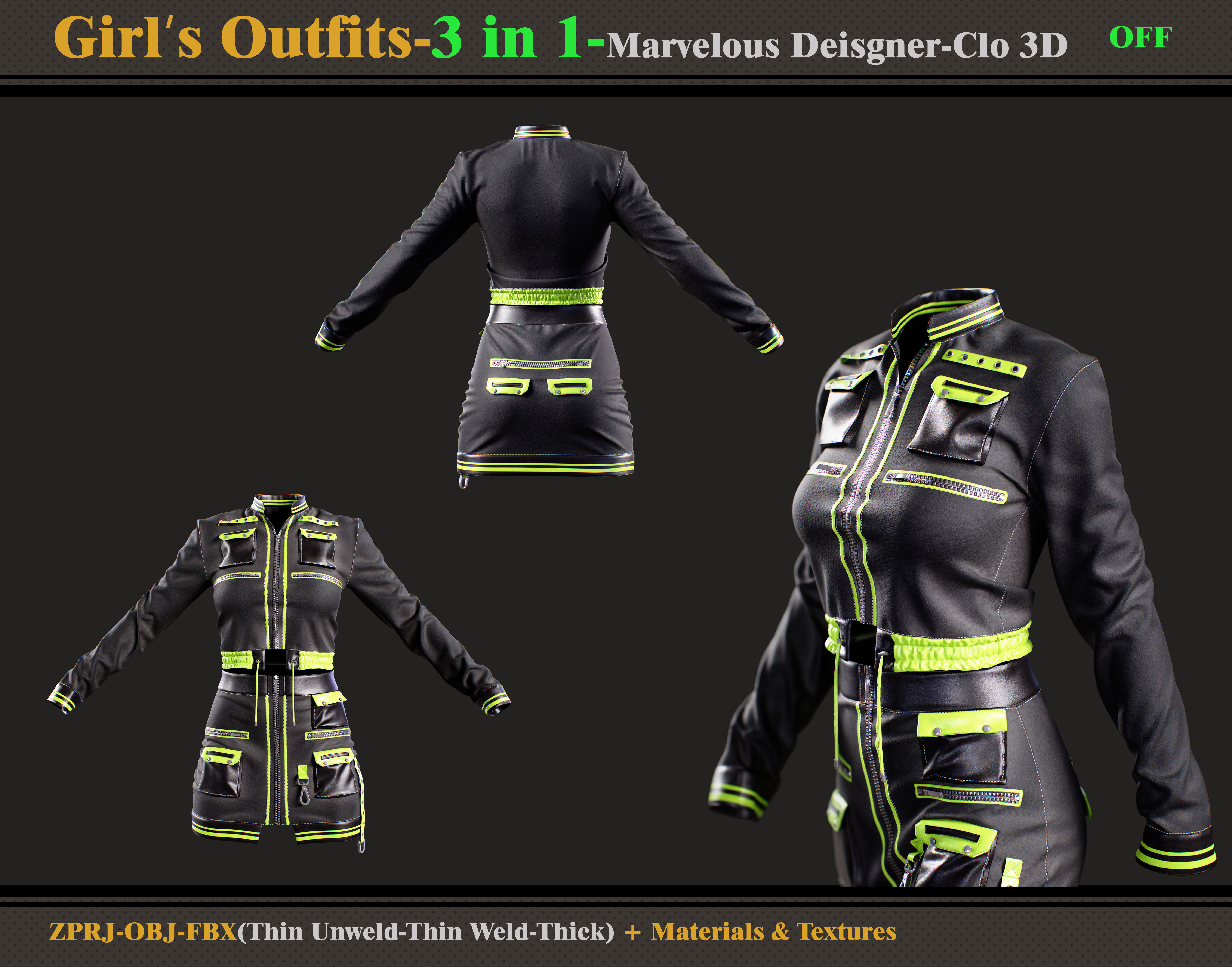 3 in 1 Girls Outfits-Models-Materials-Textures 3D model | CGTrader