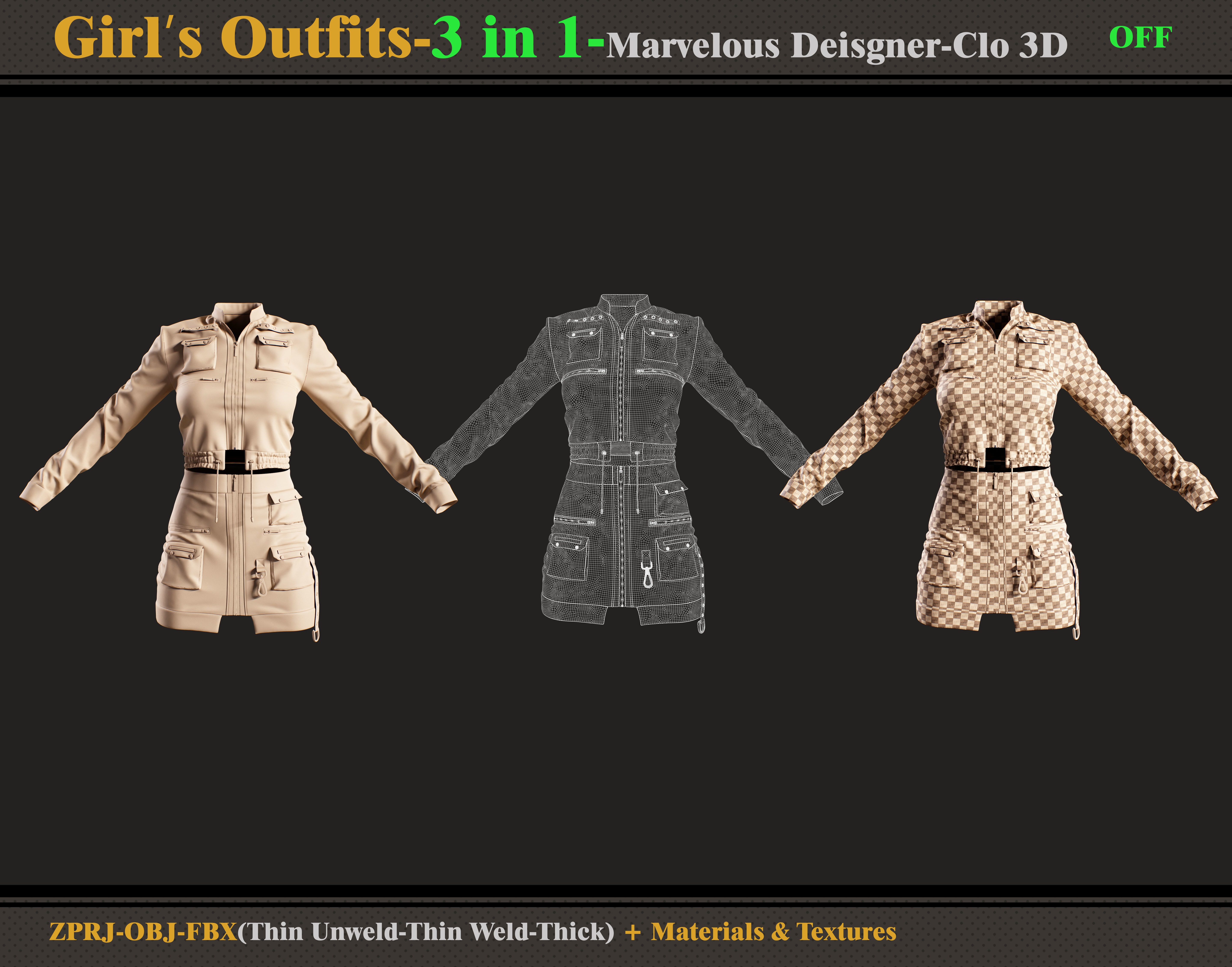 3 in 1 Girls Outfits-Models-Materials-Textures 3D model | CGTrader