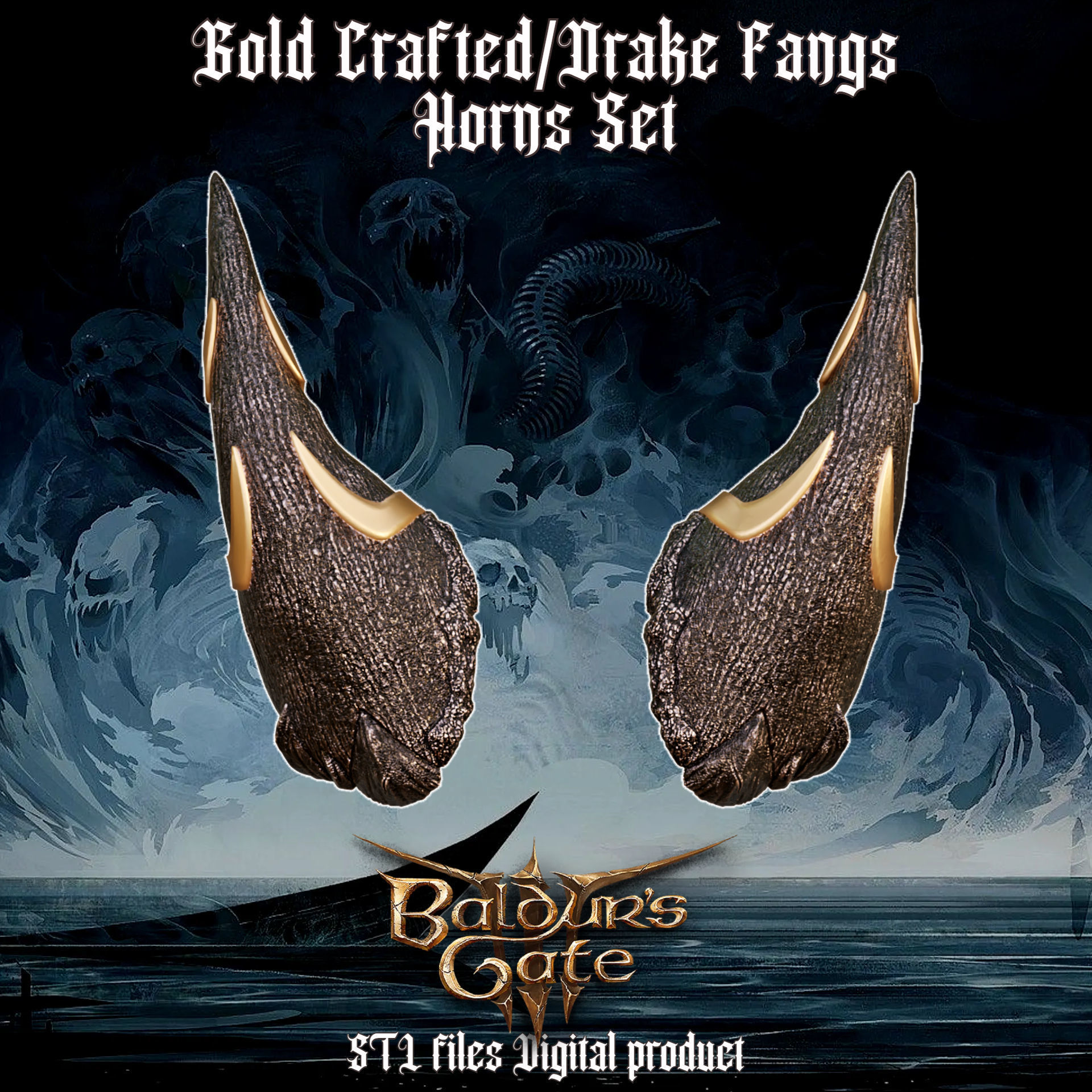 Fantasy Drake Fangs and Gold Crafted Horns Set Baldurs Gate 3 3D model ...
