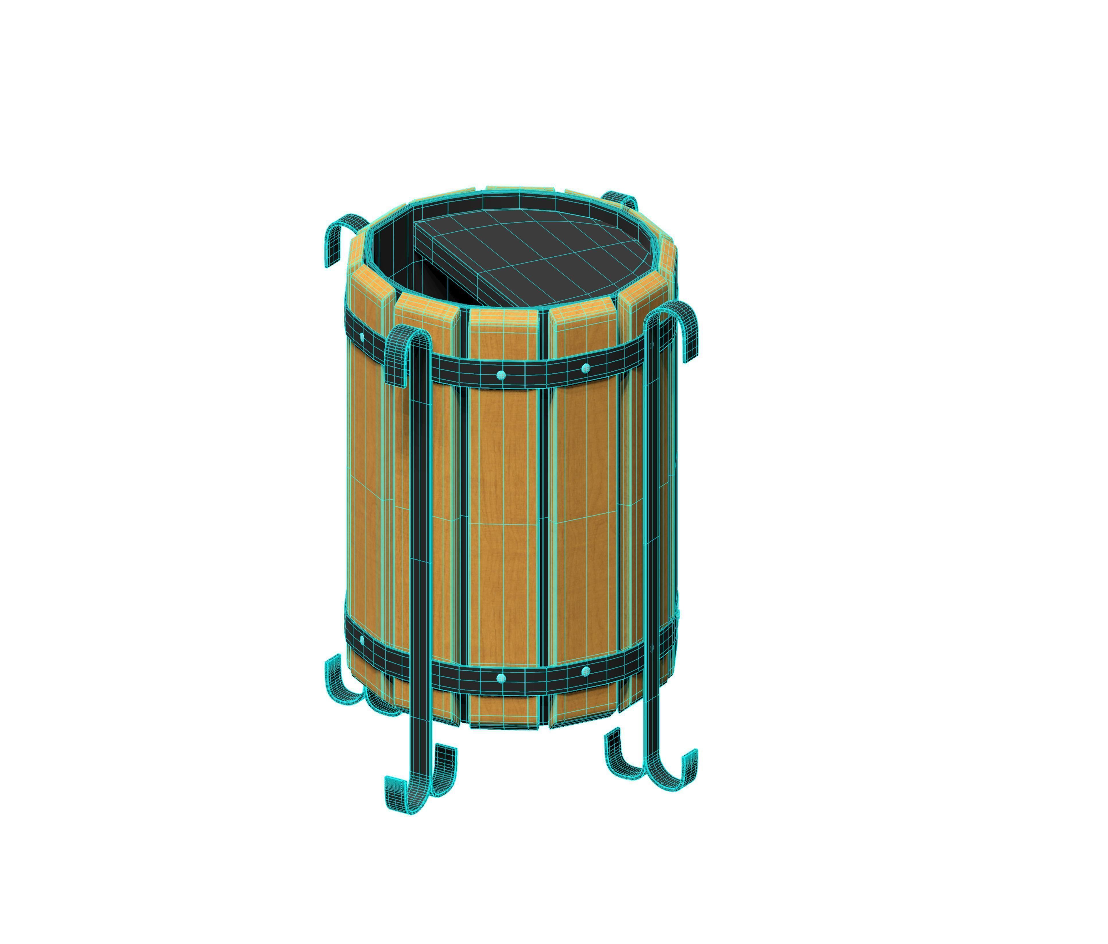 3D model Wooden circular cage type trash can with metal feet VR / AR ...